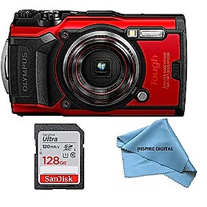 Olympus Tough TG-6 Waterproof Camera, Red, Bundle with: Sandisk 128GB Ultra Memory Card + Inspire Digital Cloth