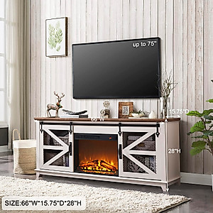 OKD Fireplace TV Stand for 70 75 Inch TV, Industrial & Farmhouse Entertainment Center with Sliding Barn Door & 23" Electric Fireplace, Rustic Media Console Cabinet for Living Room, Antique White
