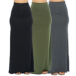 Isaac Liev Women's Pack of 3 Maxi Skirts for Women – Long Flowy Skirt Banded High Waist Band – 0013 BLK, OL, CH L