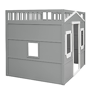 Harper & Bright Designs House Loft Bed Full Size Kids Playhouse Bed, Solid Wood Loft Bed Frame with Window and Ladder, for Girls Boys (Full Size, Gray+White)