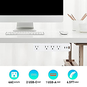 Type-C Under Desk Power Strip, Adhesive Wall Mount Power Strip with USB C Ports, Power Strip Socket Outlet, 4 AC Plug.20W 1 USB-A,2 PD Fast Charging 18W USB-C for Kitchen, Office, Home, Hotel