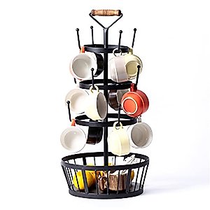 Coffee Cup Tree Coffee Mug Holder Tree Stand 4 Tiers Coffee Cup Stand with 12 Mug Hooks Mug Rack Countertop with Storage Basket Coffee Mug Tree for Counter with Wooden Handle Perfect for Bar Kitchen