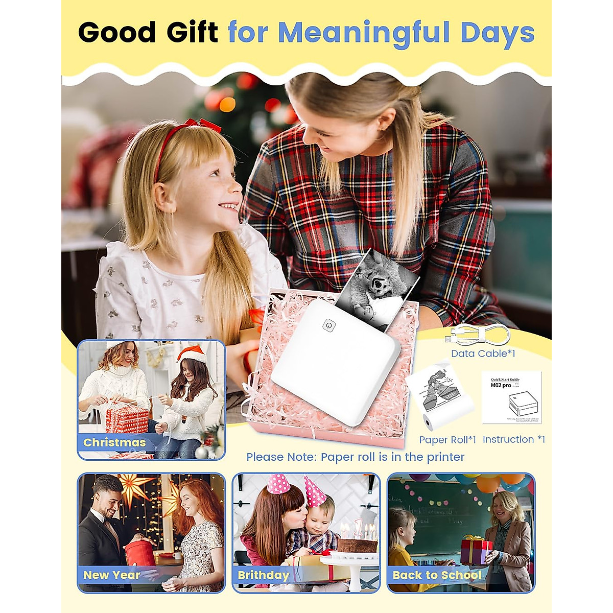 Memoking Photo Sticker Printer Machine - 2" Mini Printer - HD 300dpi Sticker Maker Machine for Pad&Phone - M02 Pro Portable Mini Pocket Thermal Printer White - Inkless Bluetooth Printer for Photos,DIY