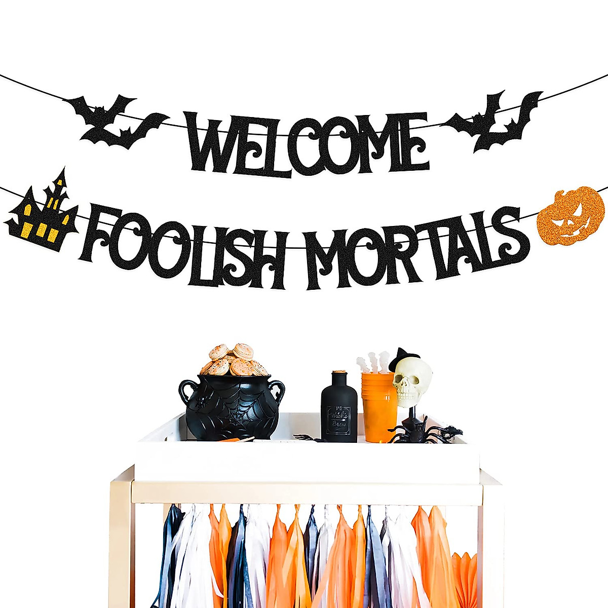 Welcome Foolish Mortals Decorations Halloween Party Banner Haunted House Hanging Ghost Pumpkin Bats Witches Theme Happy Halloween Glitter Black Party Supplies