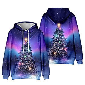JWNYJFB Christmas Vacation Sweater, Mens Clothes Trendy Funny Christmas Tree Graphic Print Long Sleeve Drawstring Hoodies Pullover with Pockets Plus Size Holiday Sweater(B-Blue,L4)
