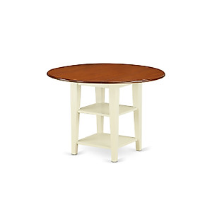 East West Furniture SUAV5-BMK-W 5 Piece Dining Room Furniture Set Includes a Round Dining Table with Dropleaf & Shelves and 4 Wood Seat Chairs, 42x42 Inch, Buttermilk & Cherry