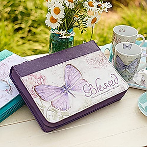 Christian Art Gifts Women's Fashion Bible Cover Blessed Butterfly Jeremiah 17:7, Purple Floral Faux Leather, XL
