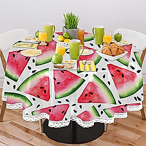 Red Pink Watermelon Round Tablecloth with Lace Trim Spring Summer Tablecloths Polyester Table Cover Waterproof Wipeable Table Cloth Linen for Kitchen, Fits Tables 60 inch Diameter