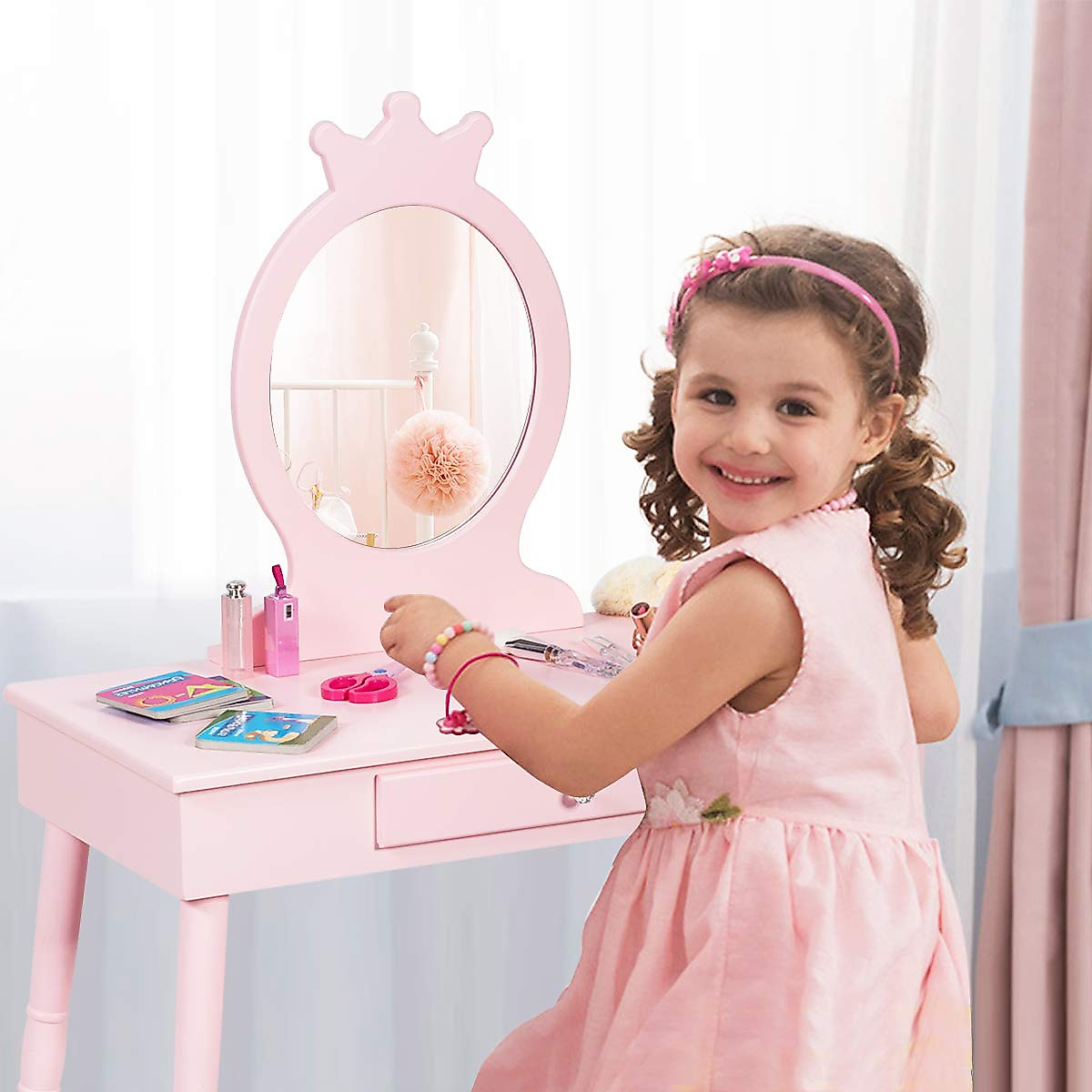 Casart Wooden Kids Vanity Set, Makeup Table and Stool Set with Mirror, Pull-Out Drawer and Cushioned Stool, Perfect Dressing Table Set for Children,Child Pretend Beauty Play Vanity Set, Pink