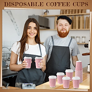 Tioncy 100 Pcs Disposable Coffee Cups with Lids Paper Cups Corrugated Ripple Wall Insulated Hot Cups with Lids for Coffee Juice Dinks Home Office Restaurant Cafe Coffee Bar Supplies (Pink,12 oz)