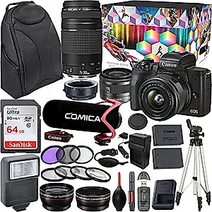 Camera Bundle for Canon EOS M50 Mark II Mirrorless Camera Black with EF-M 15-45mm F/3.5-6.3 is STM + EF 75-300mm f/4-5.6 III + Video Kit Accessories (64GB, Microphone, Flash, and More)