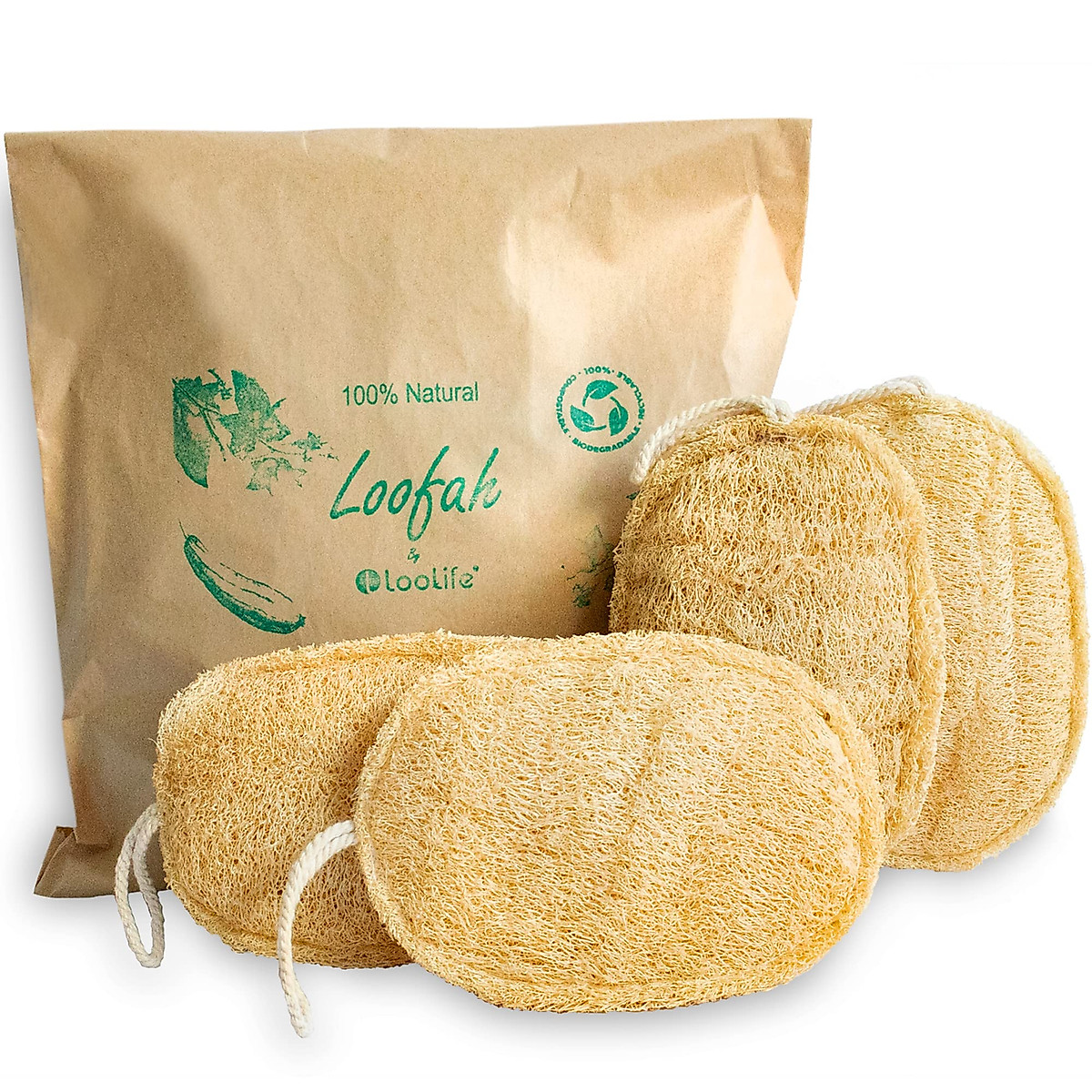 Natural Loofah Exfoliating Sponge (4 Pack) - Loofa Exfoliating Body Scrubber - Biodegradable Organic Loofah Sponge - Shower Luffa Sponges - Shower Lufa - Estropajos para el Cuerpo