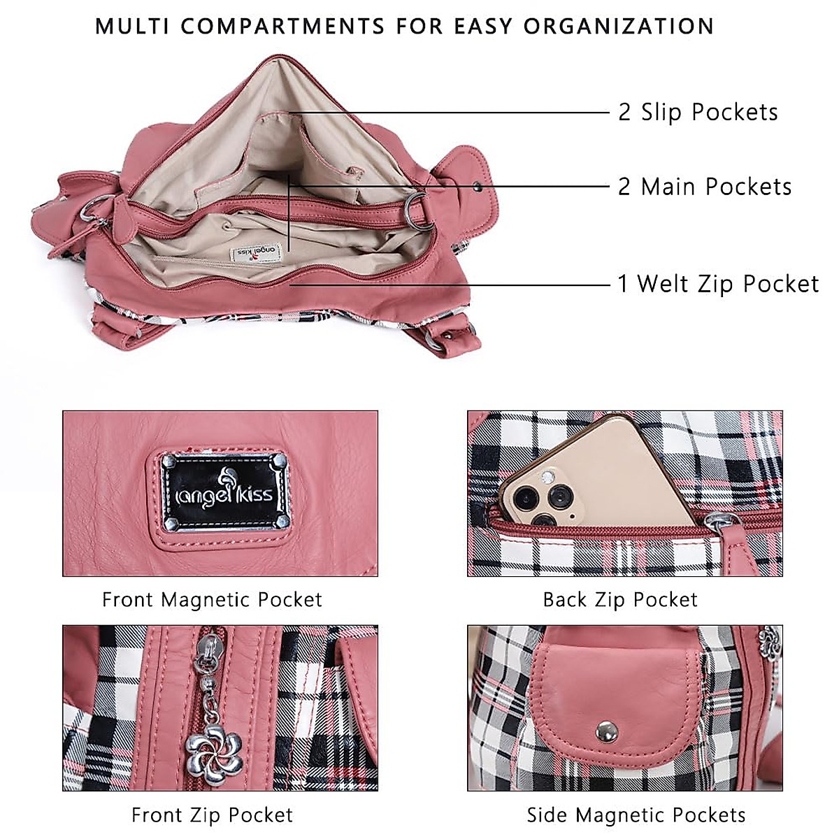 Angel Kiss Purses for Women, Large Shoulder Bag Hobo Tote Purse Mutipocket Faux Leather Satchel Hobo Purse