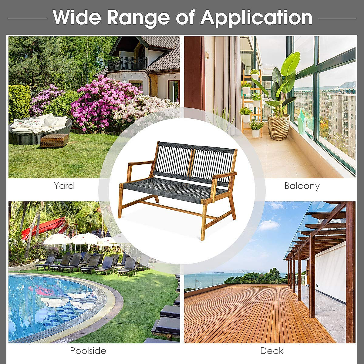 Tangkula 2-Person Patio Acacia Wood Bench Loveseat Chair, Outdoor Patio Bench Acacia Wood Bench in Teak Oil Finish, Patio Loveseat Rope Bench for Balcony Deck Poolside Porch (Grey)