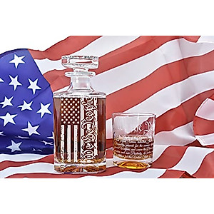 WATAKA Whiskey Decanter Set Engraved We the People American Flag with 2 Glasses for Liquor Scotch Bourbon or Wine
