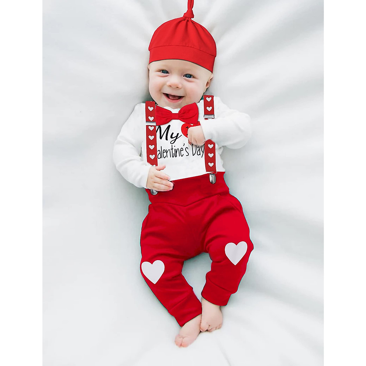 Dearnow Baby Boy Valentines Day Outfit 6-9 months My First Valentines Day Long Sleeve Romper+Suspender Pants+Hat 3Pcs Spring Outfit valentines baby boy outfit