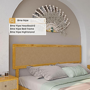 Bme Nipe King 14 Inch Bohemian Bed Frame with Adjustable Woven Headboard - Rustic & Vintage Unique Style with Rubber Wood - No Box Spring Needed - Easy Assembly - Natural