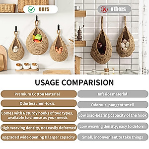 INJORAN Boho Wall Hanging Fruit Baskets for Kitchen 3 Pack Woven Produce Holder with 6 Pcs Strong Hooks Vegetable Hanging Basket for Organizing Teardrop Home Wall Potato Onion Storage, Linen