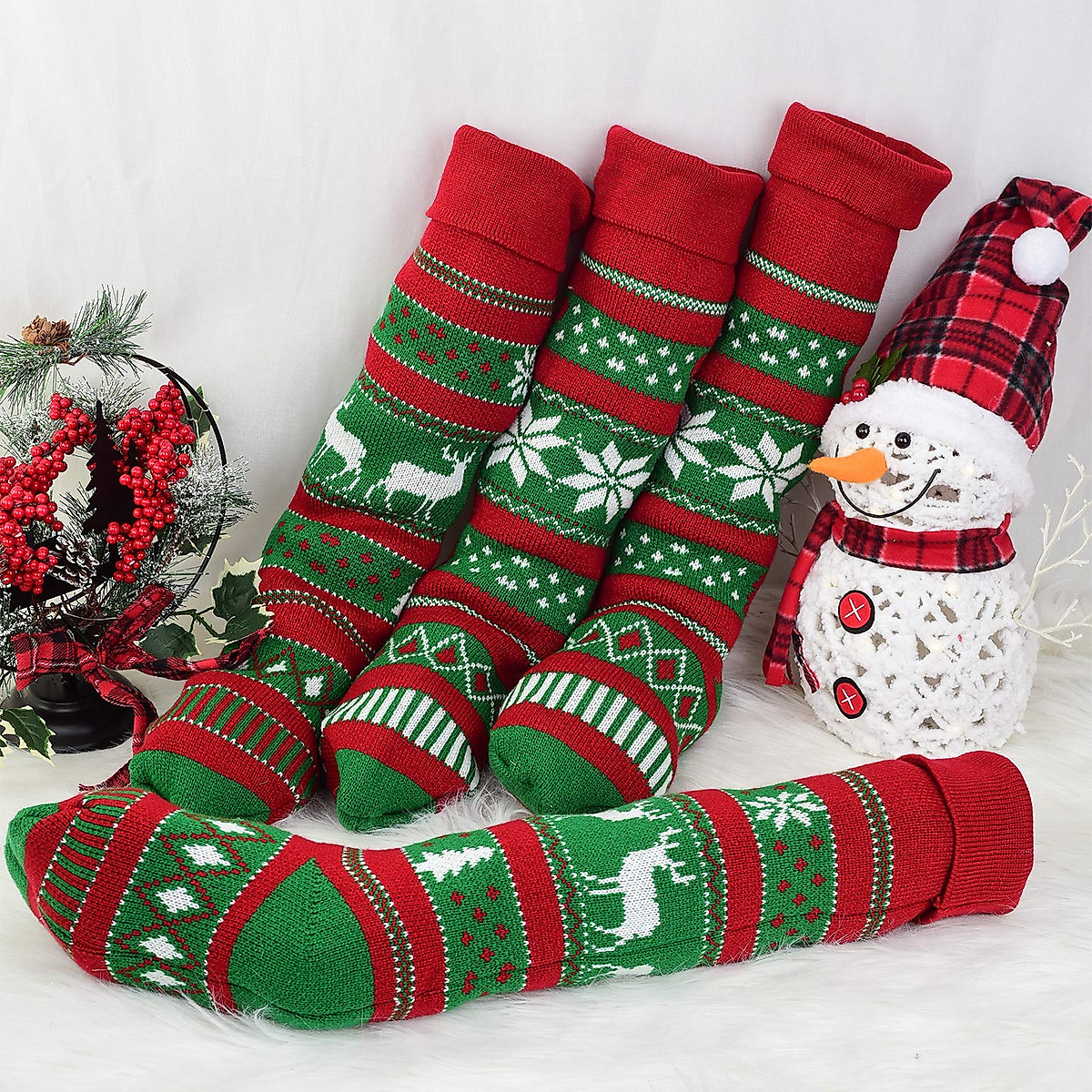 DearHouse 4 Pack Knit Christmas Stockings, 25 Inch Extra Long Stripe Snowflake Knit Knitted Xmas Rustic Personalized Large Stocking Decorations for Family Holiday Season Decor, Green