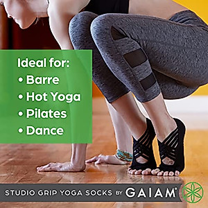 Gaiam Grippy Studio Yoga Socks for Extra Grip in Standard or Hot Yoga, Barre, Pilates, Ballet or at Home for Added Balance and Stability, Black, Small-Medium, One Size
