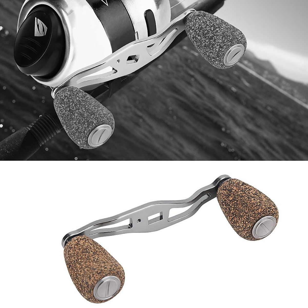 Fishing Reel Handle, Reel Handle Wood Knob Carbon Fiber Frame with Fittings Replacement Parts (Silver)