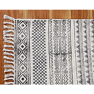 Casavani Hand Block Printed Tassels Throw Rugs Brown, Black Geometric Area Rug Doormat Floor Rug Indoor Area Rugs for Bedroom Living Room Laundry Room 3x10 Feet Runner