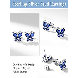 Women Sterling Silver Animal Stud Created Gemstone Sapphire Blue Butterfly Stud Earrings