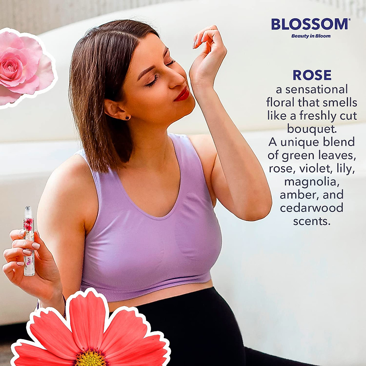 Blossom Roll on Rollerball Perfume Oil, Natural Essential Oils, Infused with Real Flowers, Made in USA, 0.20 fl. oz./5.9 ml (Rose, Violet, Lily, Magnolia, Amber, Cedarwood) Let Love Shine Rainbow Rose