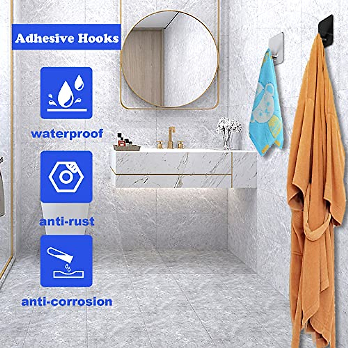 Visen 9 Pack Adhesive Hooks,Bath Towel Hooks Brushed Nickel,Adhesive Wall Hooks Waterproof Stainless Steel Hooks,Heavy Duty Coat Hooks Towel Hooks Stick on Bathroom or Kitchen