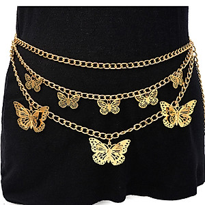 Glamorstar Chain Belts Multilayer Waist Chain Adjustable Waist Belt for Women Girls Butterfly Gold 130cm/51.2IN