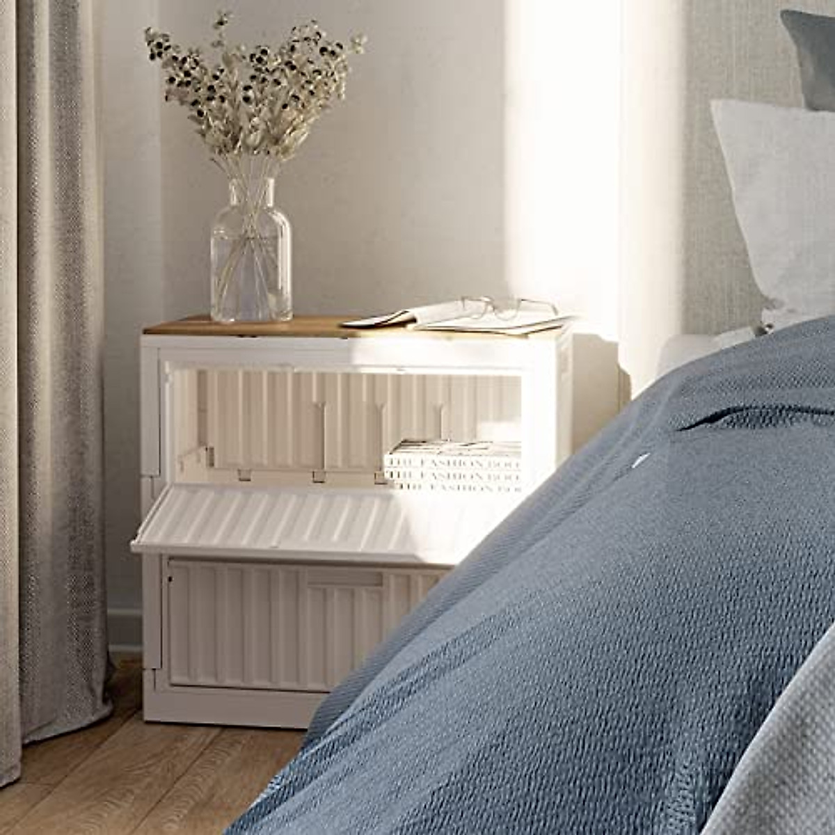 livinbox 45L collapsible storage bins with lids, dust-proof comic books container stackable folding box for Home Office Bedroom Living Room, White, FB-6432S-WT