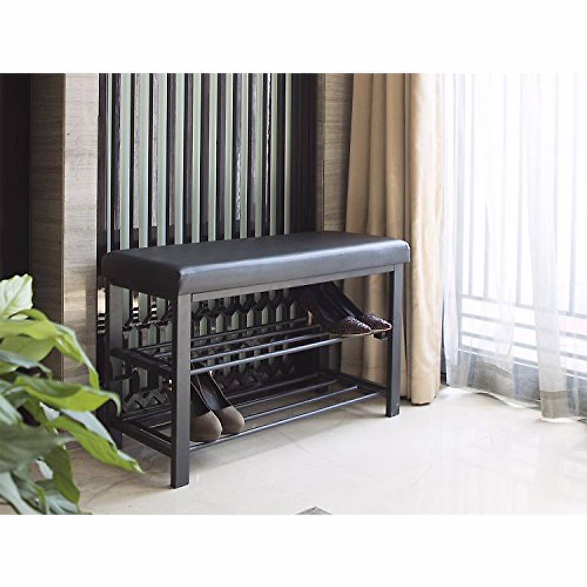Finnhomy Entryway Shoe Rack with Cushioned Seat, 2 Shelves Storage Bench w/Faux Leather Top Bed Bench, Black