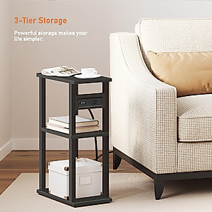 TUTOTAK Small Narrow Side Table with Charging Station, Set of 2 Skinny End Table for Small Spaces, Slim Nightstand with USB Ports and Outlet,Sofa Beside Table with Wheels, Black TB01BK047