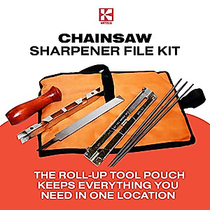 Katzco Chainsaw Sharpener File Kit - Contains 5/32, 3/16, and 7/32 Inch Files, Wood Handle, Depth Gauge, Filing Guide, and Tool Pouch - for Sharpening and Filing Chainsaws and Other Blades