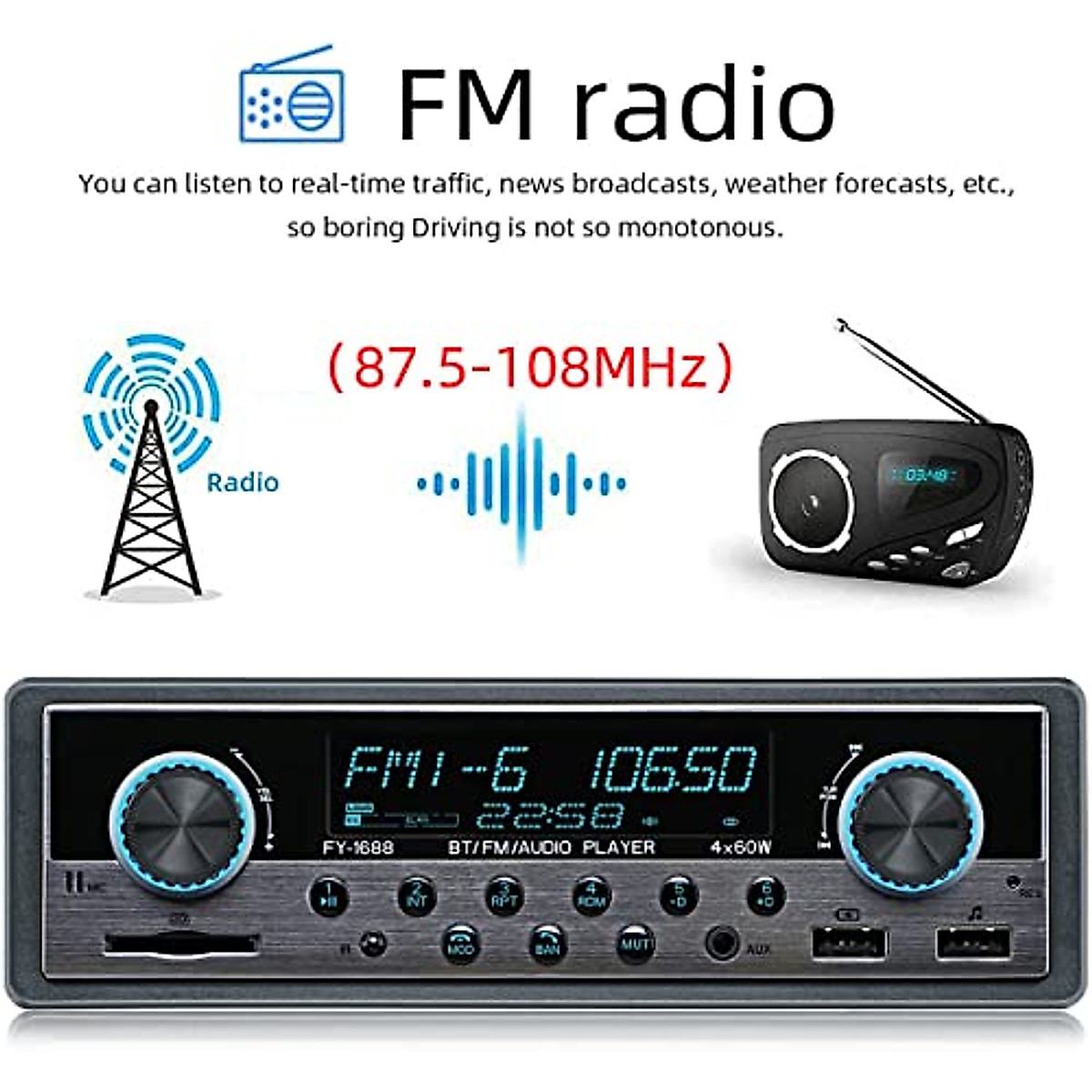 FYPLAY Dual USB Car Stereo Radio Receiver - Single Din, Bluetooth Hands Free Calling, Support USB/SD/AUX/MP3, with Clock Display LCD, Dual Knob Car Multimedia Audio Player, USB Fast Charging
