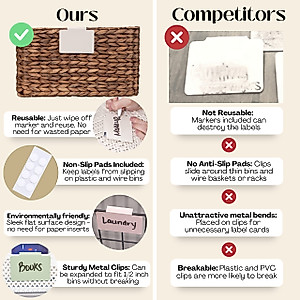 Hygge & Sage: Metal Bin Labels for Home Organization | Non-Slip Basket Labels Clip On for Storage Bins, Baskets, or Wire Racks | Includes 8 Labels, 8 Non-Slip Pads, and 1 Free Marker (Cream)