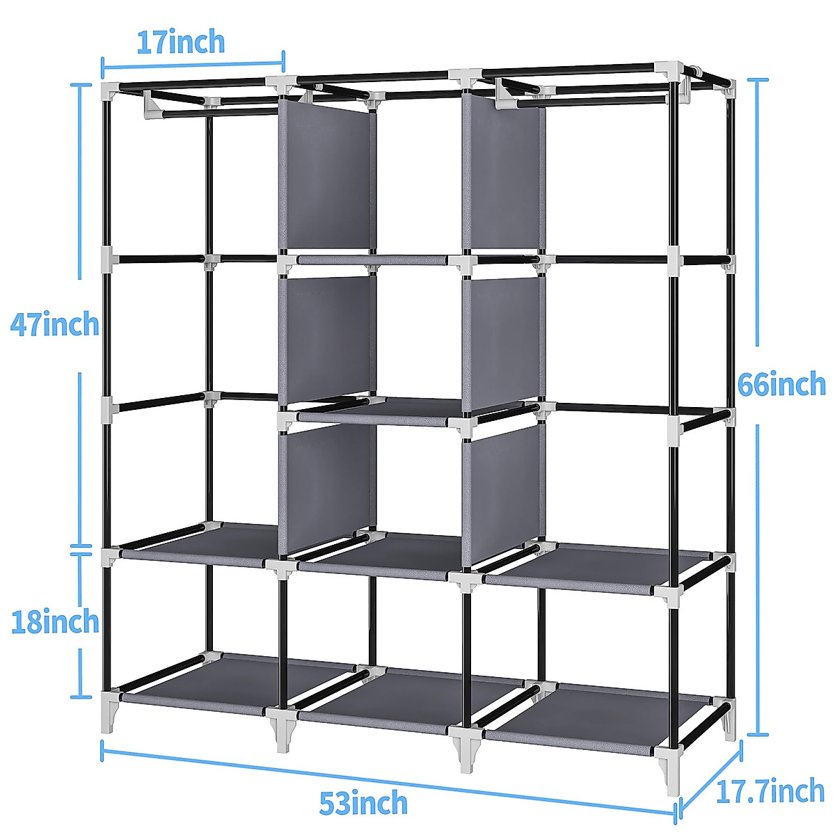 ZVZHM Portable Closet, 53 Inch Wardrobe Closet for Hanging Clothes with 2 Hanging Rods, 8 Storage Organizer Shelves, Non-Woven Fabric, Quick and Easy to Assembly, Grey