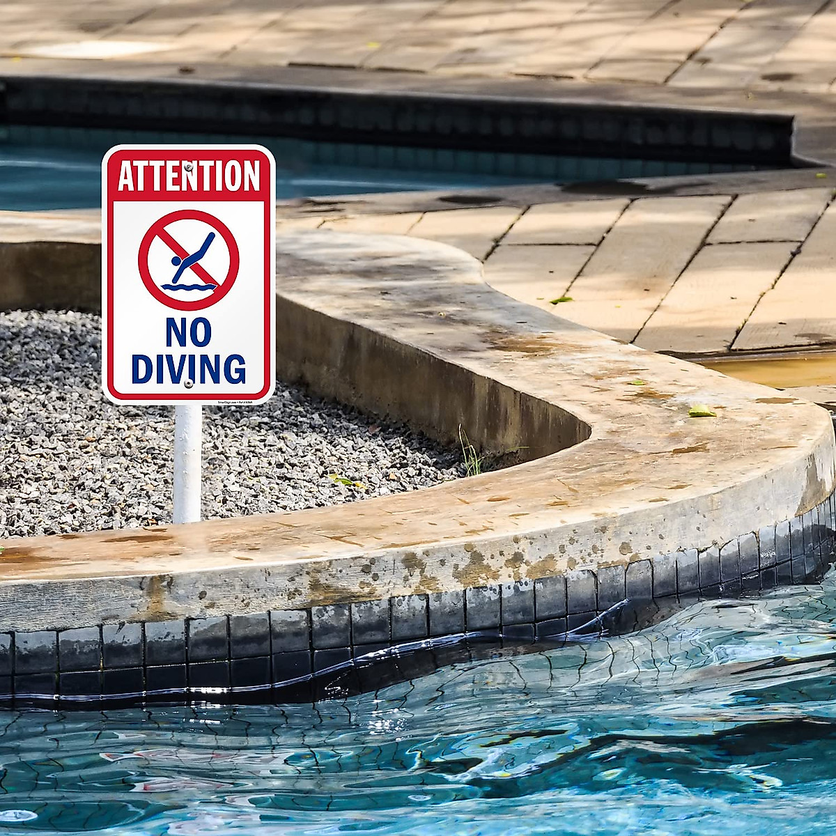SmartSign Attention No Diving Sign - 2 Pack, 18 x 12 inch, Pool Sign, 2mm Aluminum Composite, Pre-Drilled Holes, Red/Blue on White