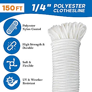 Outdoor Clothesline Kit, 150ft Polyester Clothesline Rope Heavy Duty, Clothes Line Pulley, Nylon Clothesline Pulley Kit, Clotheslines S Separator Spreader, Clothesline Tightener, Hooks