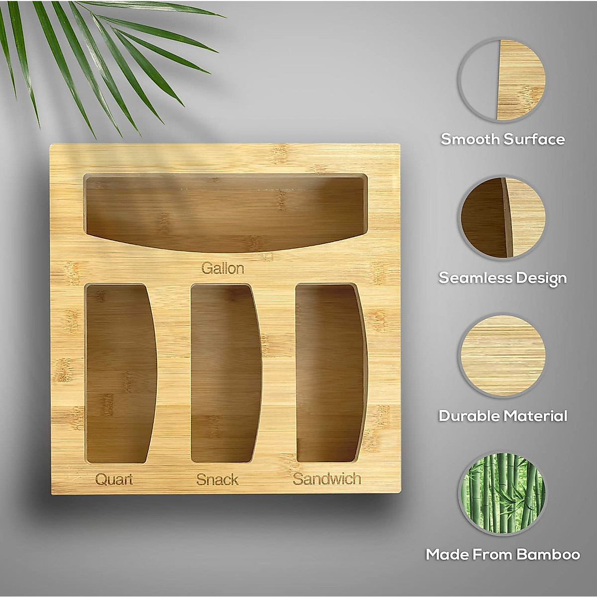 Food Ziplock Bag Storage Organizer For Kitchen Drawer, Bamboo Baggie Holder, Compatible With Ziploc, Solimo, Glad, Hefty For Gallon, Quart, Sandwich And Snack Variety Size Bags(1 Box 4 Slots) (1)