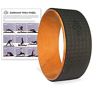 SukhaMat Yoga Wheel - Pro - 12.5" x 5" Yoga Prop Wheel for Deeper Poses, Relieve Back Pain, Stretching, NEW! Online Video Yoga Wheel Instructions & Printed Guide (WoodGrain/Black)