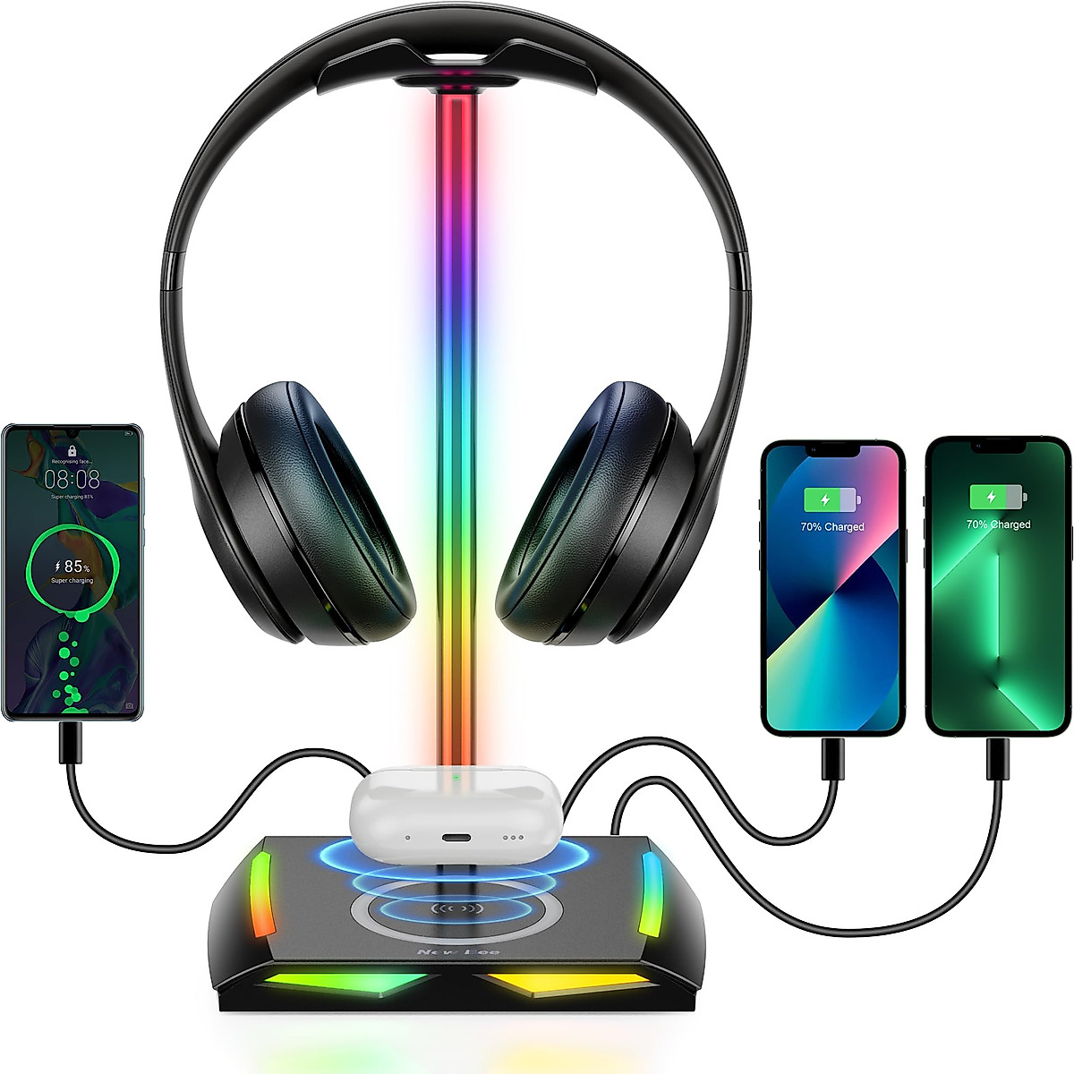 New bee RGB Headphone Stand with 2 USB-C & 1 USB Charging Ports, Desk Gaming Headset Holder with 7 Light Modes and Non-Slip Rubber Base Suitable for All Earphone Accessories