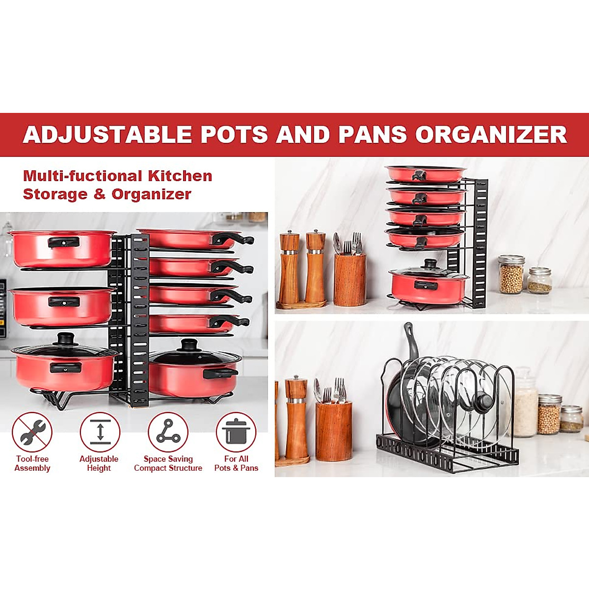 The Fine Living Co. 8 Tier, 3 DIY Methods Pots and Pans Metal Organizer for Cabinet, Pot Storage Organizer Rack, Pan Pot Rack for Kitchen Cabinet Organizer and Storage (Black)