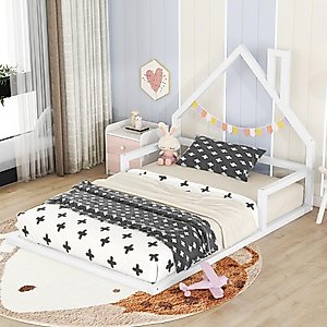 Floor Bed for Kids, Full Size Montessori Bed with House Shape Headboard and Railings, Wood House Bed with Slats for Boys Girls, Low to Ground Height, No Box Spring Needed, White