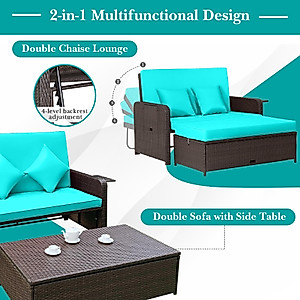 RELAX4LIFE Wicker Patio Outdoor Daybed - Rattan Day Bed Lounger with Loveseat & Storage Ottoman, Sunbed Sofa Set w/Cushions, 4-Level Adjustable Backrest & 2 Retractable Trays, Patio Daybed (Turquoise)