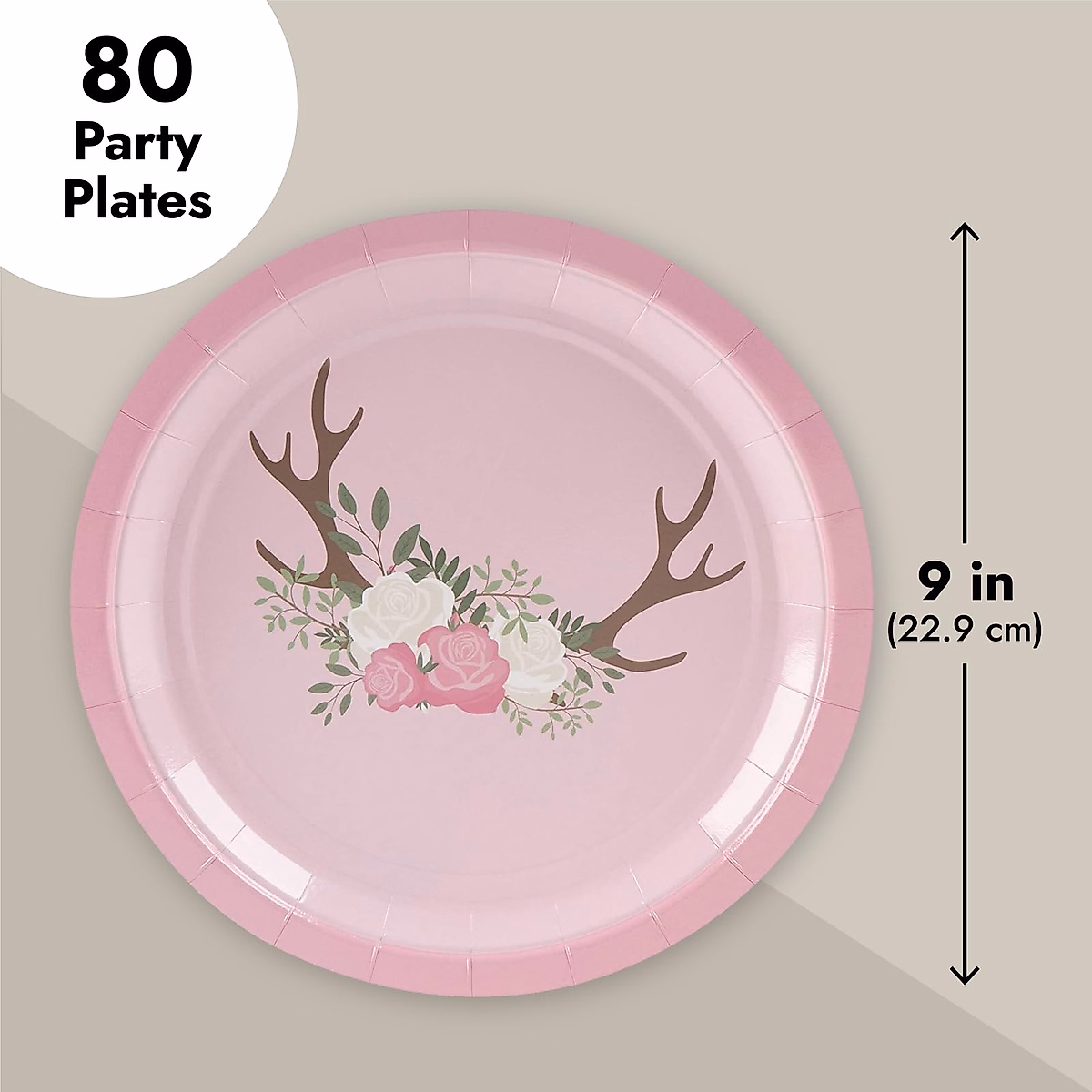 BLUE PANDA Disposable Plates - 80-Count Paper Plates, Bridal and Baby Shower Party Supplies for Appetizer, Lunch, Dinner, and Dessert, Floral Deer Pattern, 9 x 9 Inches