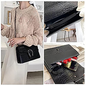 Chain Crossbody Shoulder Bags For Women-Snake Printed Leather Messenger Bag Evening Handbag Chain Strap Shoulder Satchel (Black)