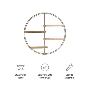 Linon Kenson Round Metal and Greywashed Wood Four Shelf Wall Storage in Gold