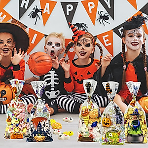 Halloween Treat Bags, Halloween Candy Bags, 54 PCS Halloween Cellophane Treat Bags, Plastic Halloween Cookies Goodie Gift Bags with Ties for Halloween Trick or Treat Party Favors Supplies - 6 Style
