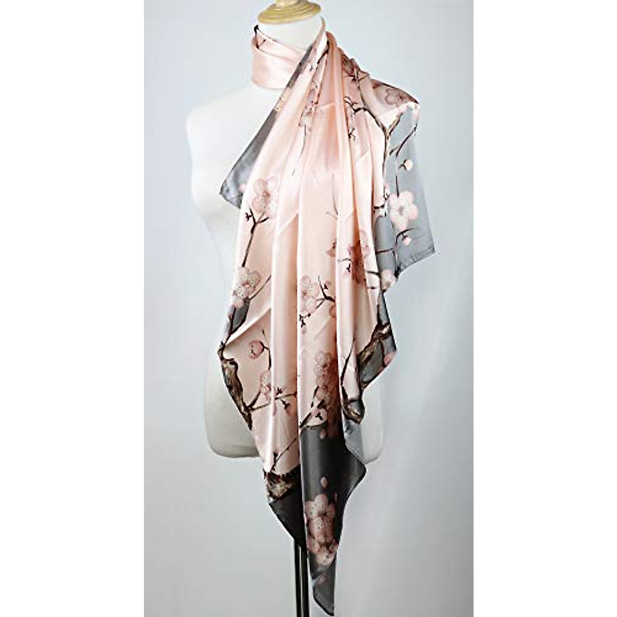 vabovin Elegant 35" Women's Satin Square Silk Feeling Large Neckerchief Fashion Accessory (Pale Pink Plum Blossom)